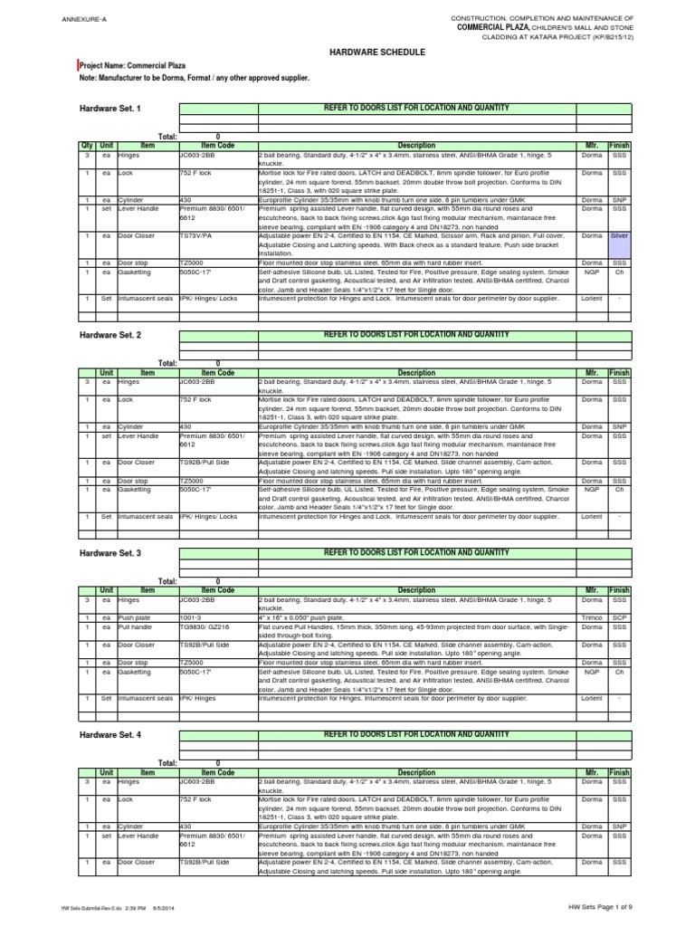 HW Sets Submital Rev 0 | PDF | Door | Lock (Security Device)