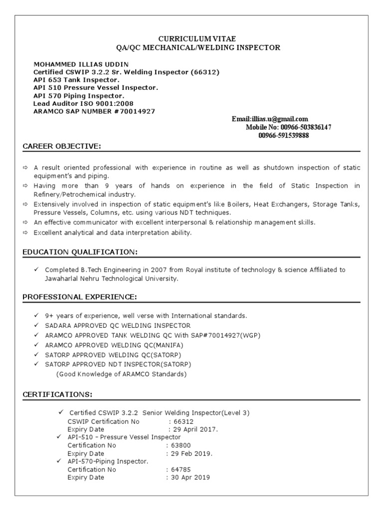 Resume of Qaqc Welding-Mechanical Inspector | PDF | Welding | Construction