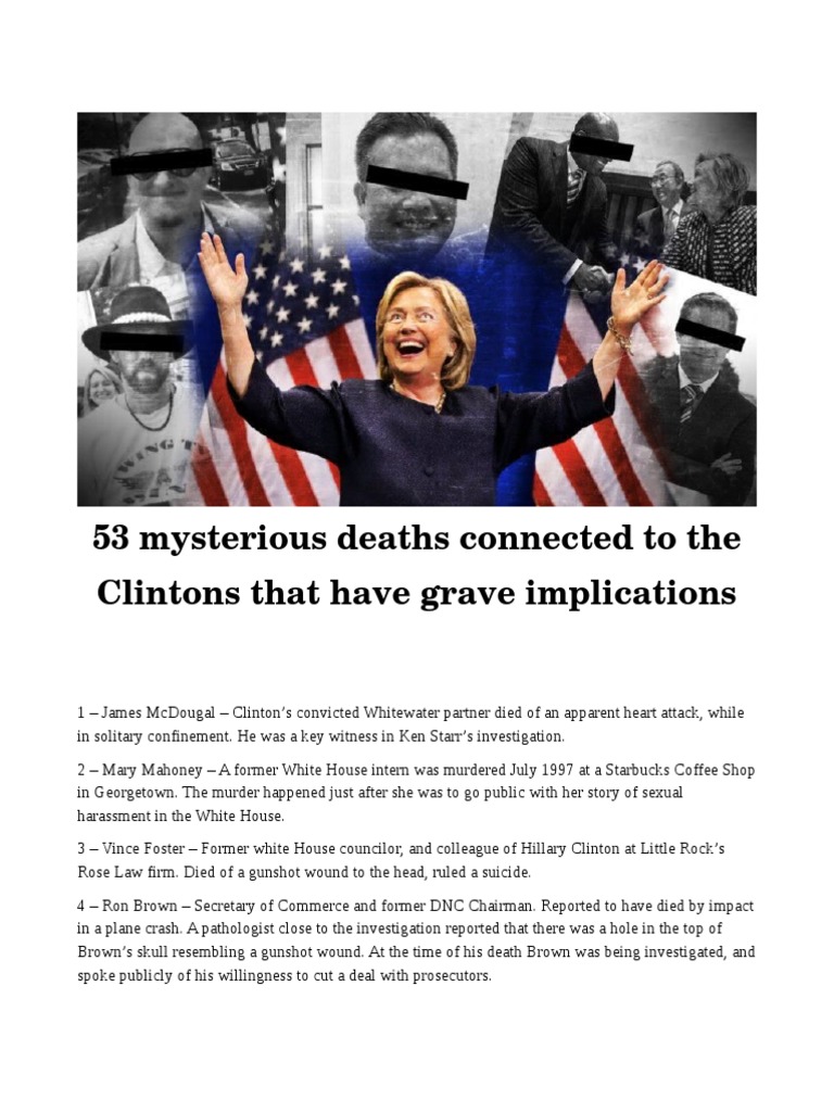 53 Mysterious Deaths Surrounding The Clintons | PDF | Presidency Of Bill Clinton | Hillary Clinton