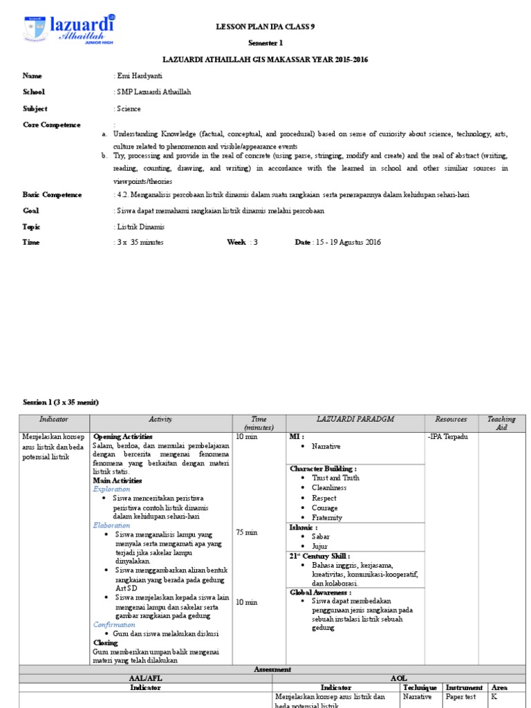 Lesson Plan Science Grade 9 Week 3 Listrik Dinamis | PDF