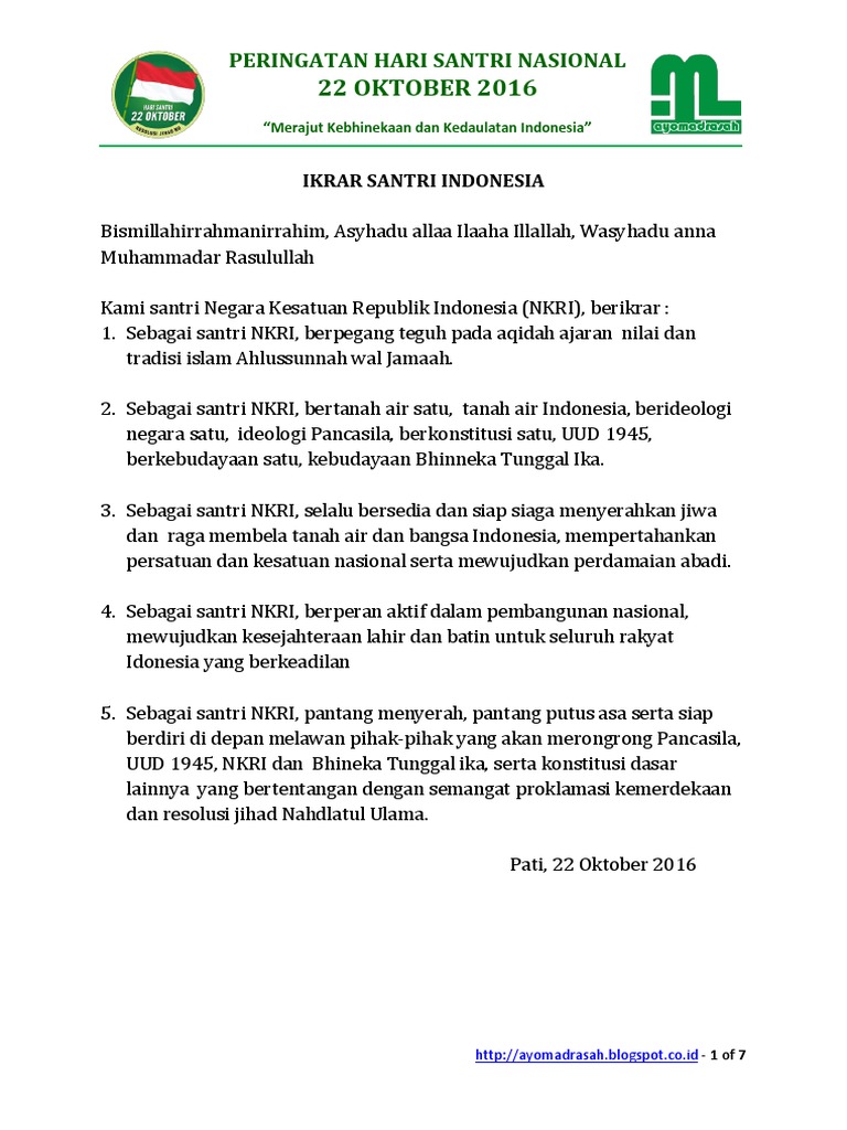 Tata Urutan Upacara, Ikrar Santri Dan Teks Resolusi Jihad Nu