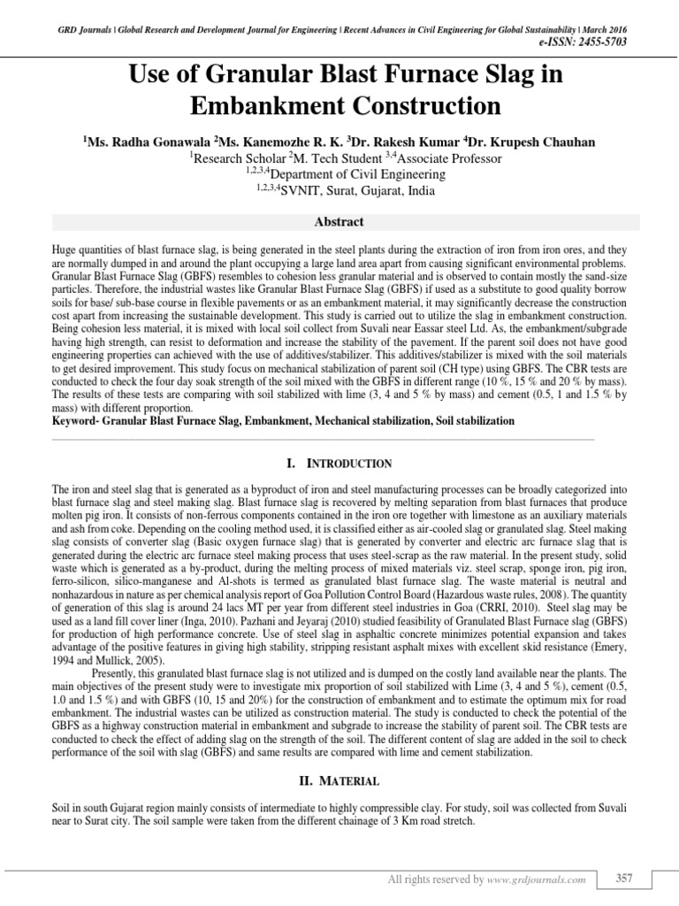Use of Granular Blast Furnace Slag in Embankment Construction | PDF ...