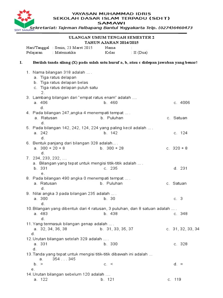 Soal Uts MTK Kelas 2 Semester 1 | PDF