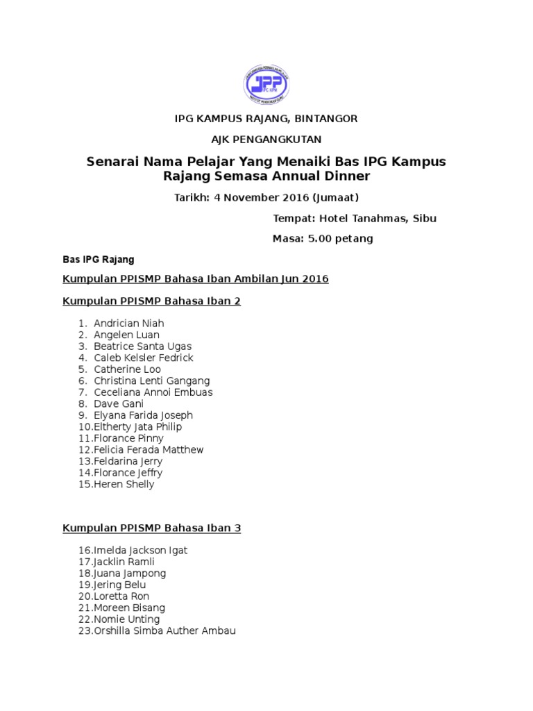 Latest. Senarai Nama Pelajar Yang Menaiki Bas | PDF