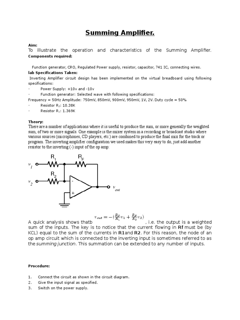Summing Amplifier. | PDF | Amplifier | Operational Amplifier