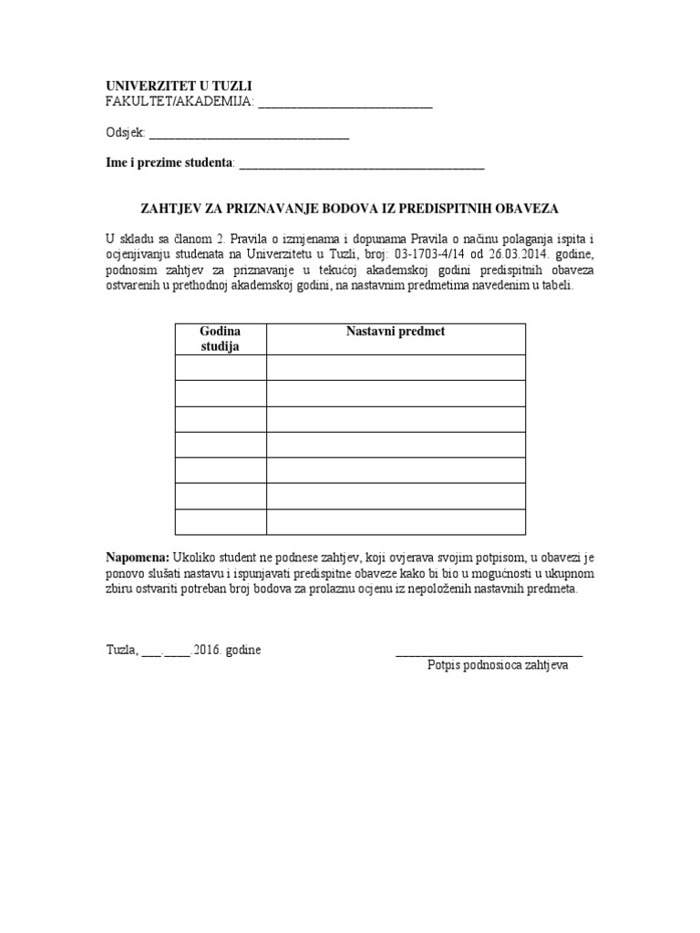 Zahtjev Za Priznavanje Bodova Iz Predispitnih Obaveza PDF | PDF