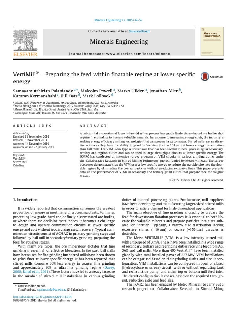 VertiMill - Preparing The Feed Within Flotable Regime at Lower Specific ...