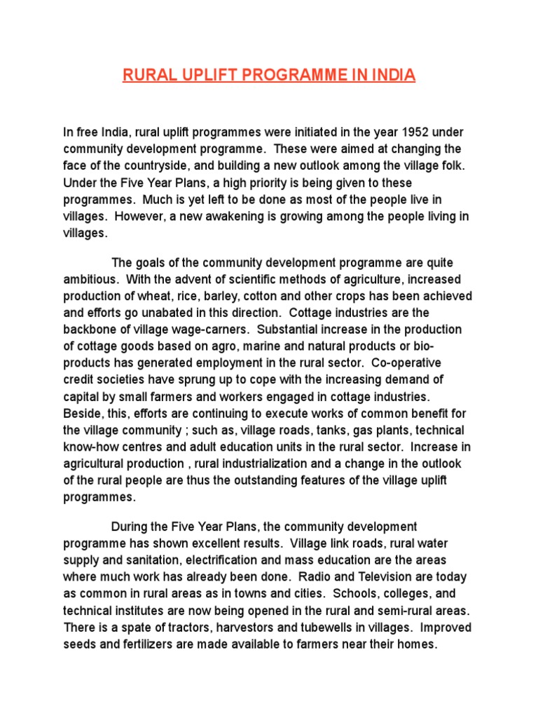 Progress and Challenges of Rural Uplift Programmes in India: Promoting ...