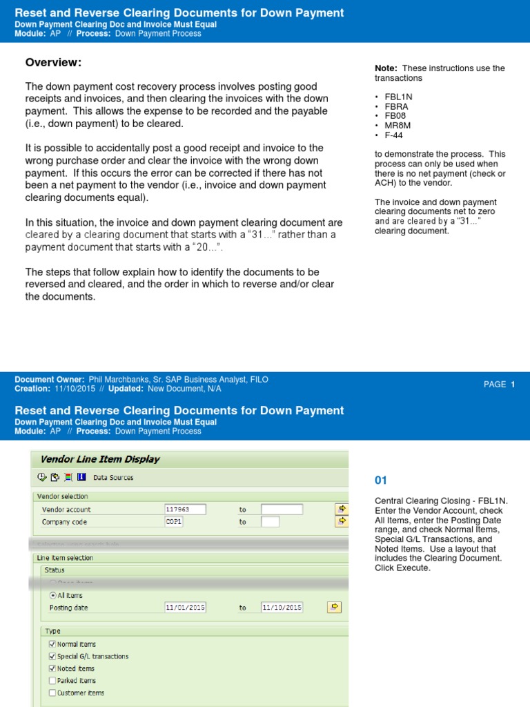 Resetting Down Payment Clearing in SAP | PDF | Payments | Receipt