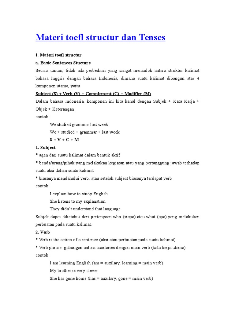 Materi TOEFL Structur Dan Tenses | PDF | Klausa | Kata Kerja