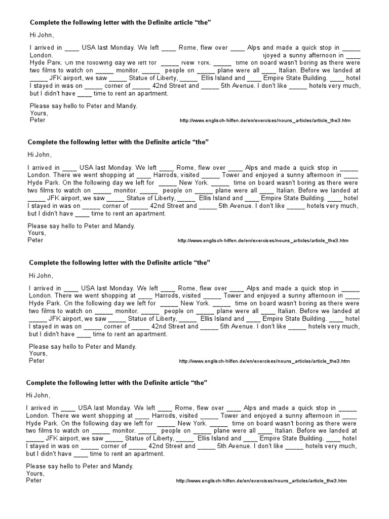 Complete The Following Letter With The Definite Article "The" | PDF ...