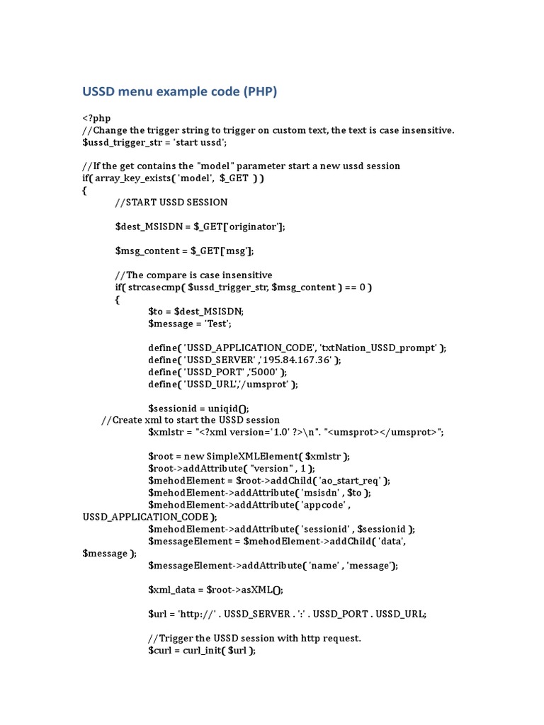 USSD Menu Example Code (PHP) | PDF | Hypertext Transfer Protocol ...