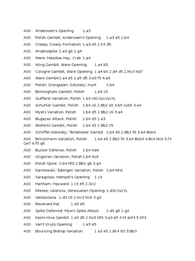 ECO Code Chess Opening | PDF | Chess Openings | Abstract Strategy Games