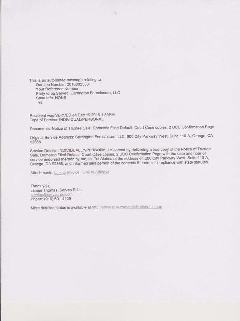 Receipt from Process Server