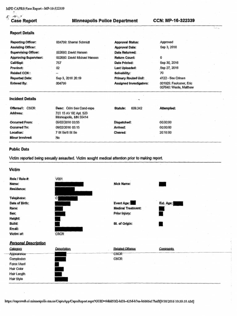 Minneapolis Police Reports (Sexual Assault Involving Football Team ...