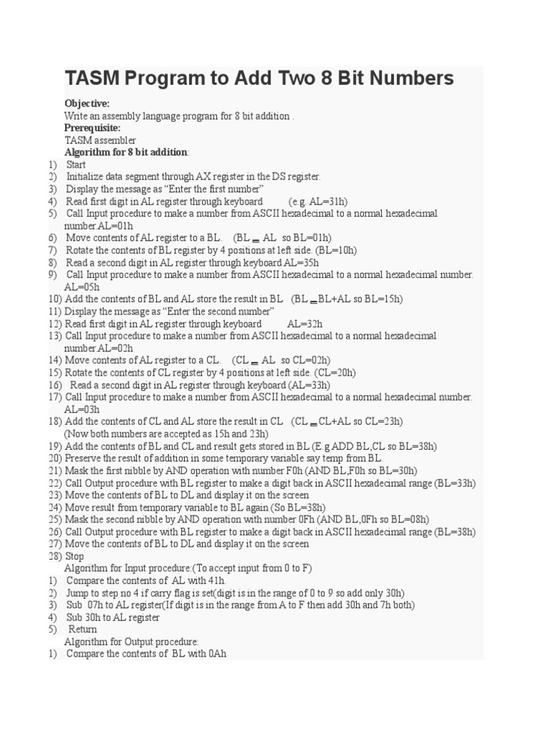 TASM Program To Add Two 8 Bit Numbers | PDF | Assembly Language | Integer (Computer Science)