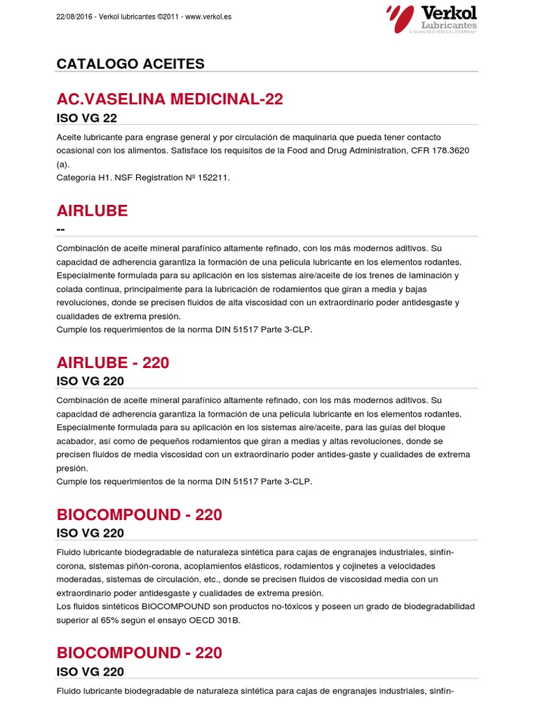 VERKOL Catalogo Producto Aceites | PDF | Engranaje | Lubricante