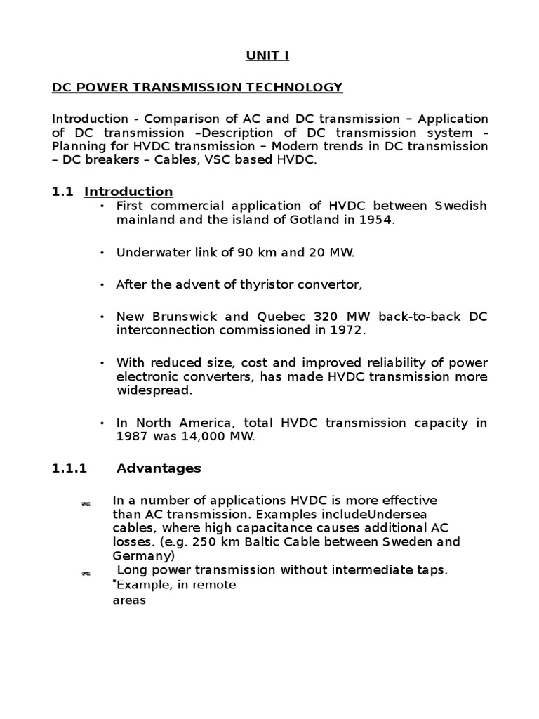 Unit 1 - DC Power Transmission Technology | PDF | High Voltage Direct Current | Electric Power ...