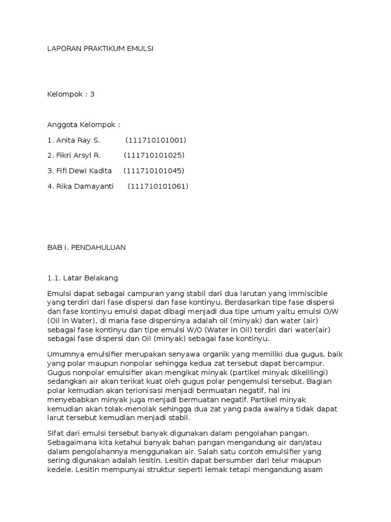 Laporan Praktikum Emulsi | PDF