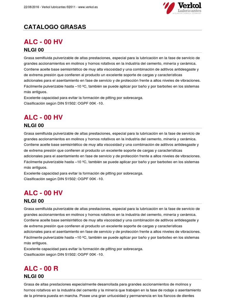 VERKOL Catalogo Producto Grasas | PDF | Lubricante | Cemento