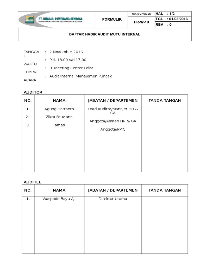 Formulir Daftar Hadir Audit Mutu Internal | PDF