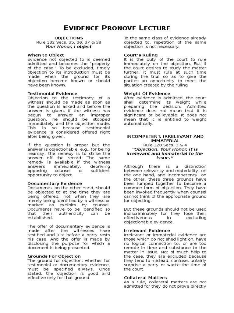 EVIDENCE OBJECTIONS GUIDE | PDF | Witness Impeachment | Self Incrimination