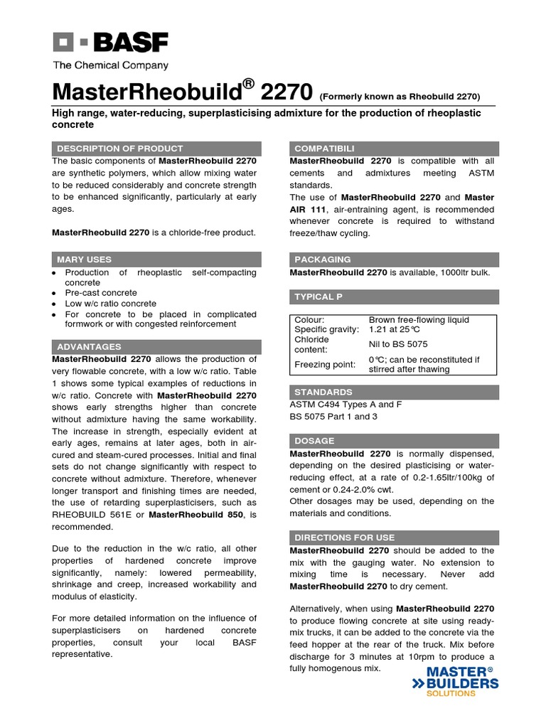 Masterrheobuild 2270: High Range, Water-Reducing, Superplasticising ...