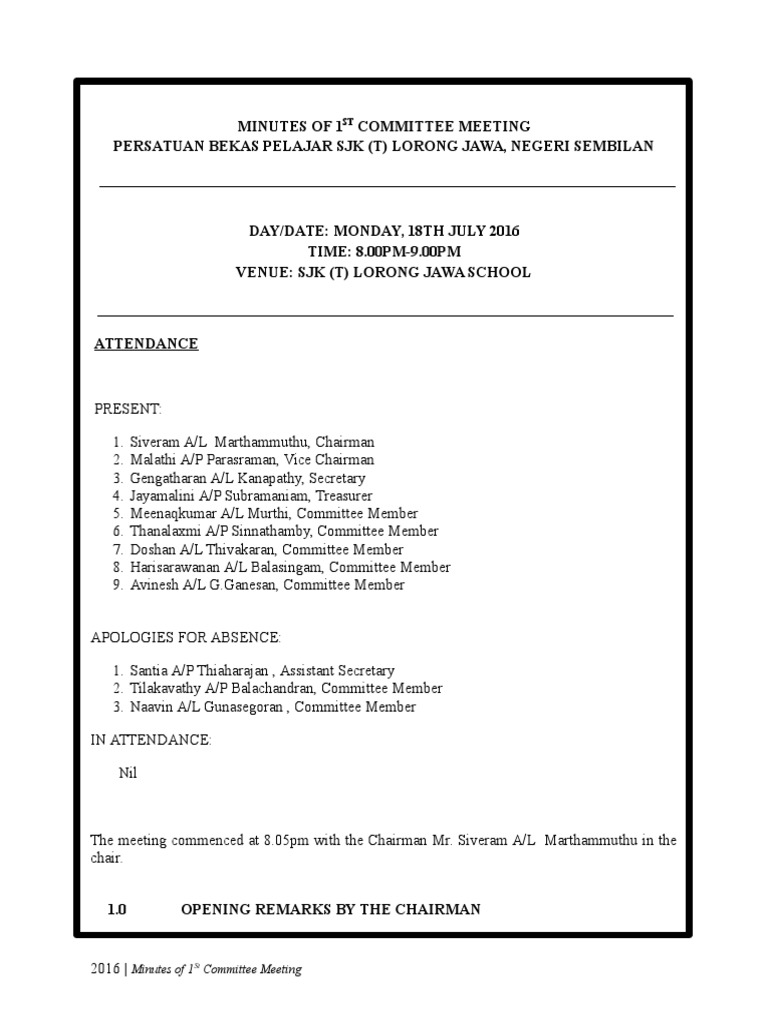 1st Committee Meeting Minutes | Chairman | Secretary