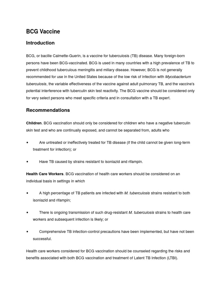 BCG Vaccine | Tuberculosis | Infection