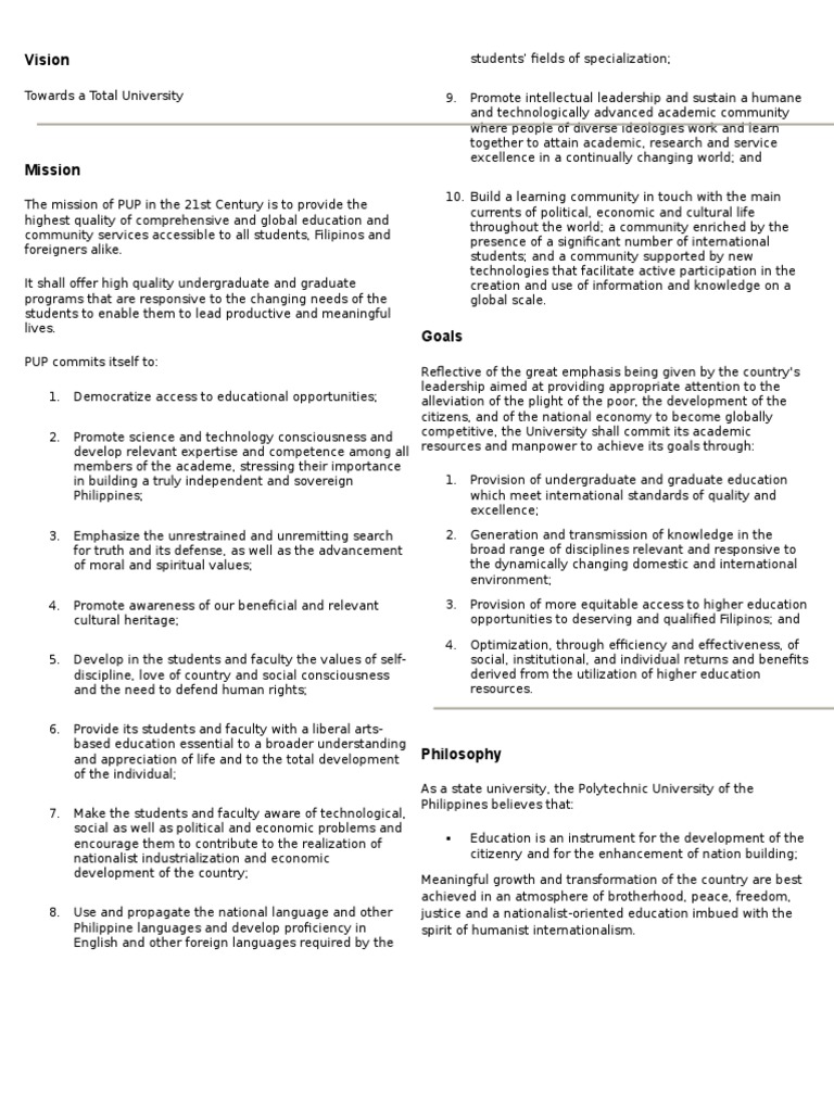 PUP Mission, Vision, and Goals Overview | PDF | University | Philippines