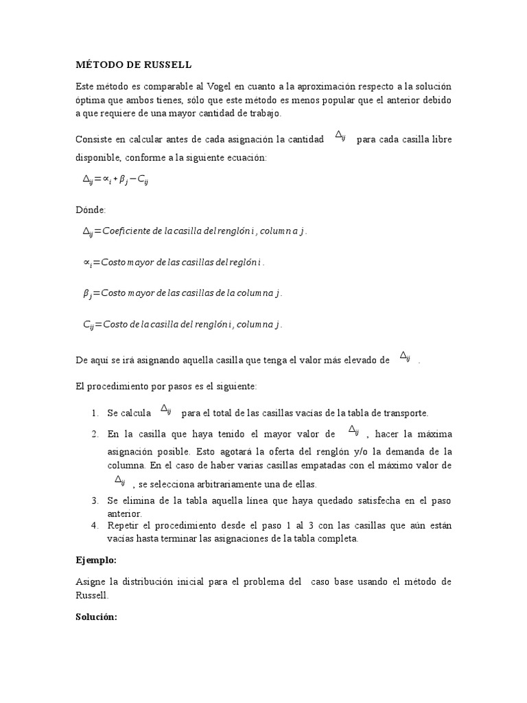 Método de Russell en Asignaciones | PDF | Transporte | Matemáticas ...