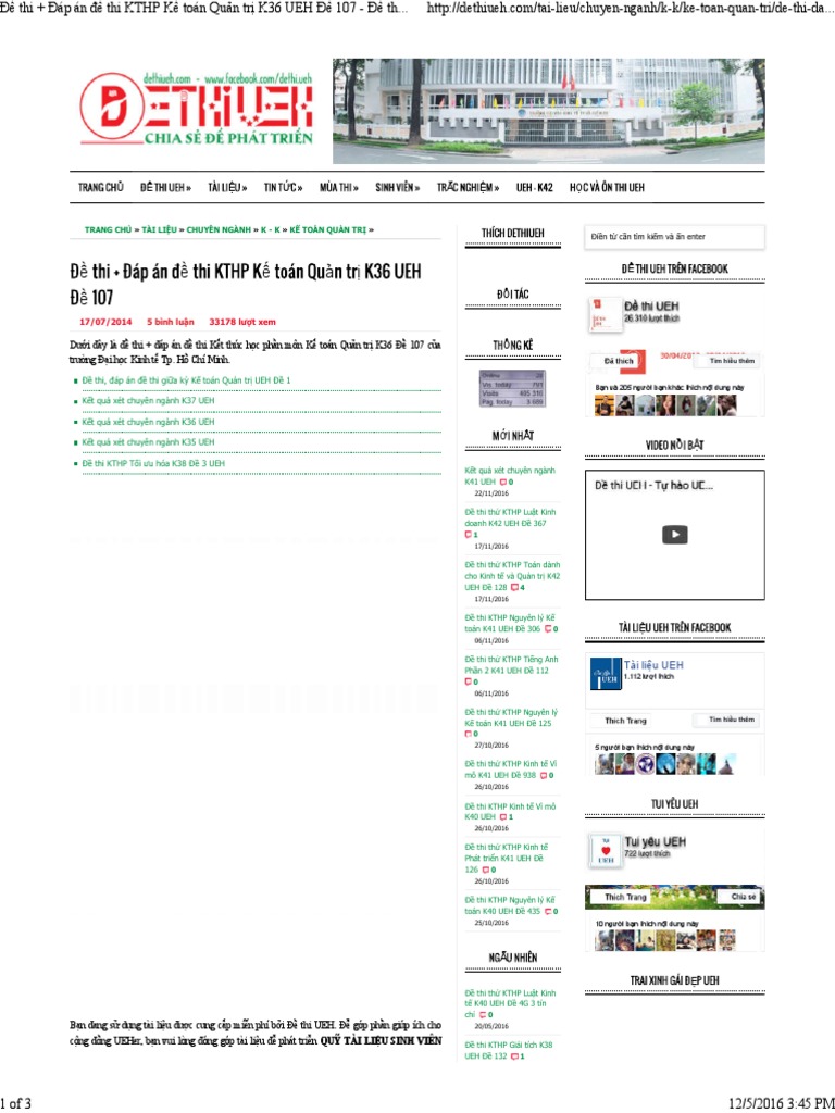 Đề thi + Đáp án đề thi KTHP Kế toán Quản trị K36 UEH Đề 107 - Đề thi UEH | PDF