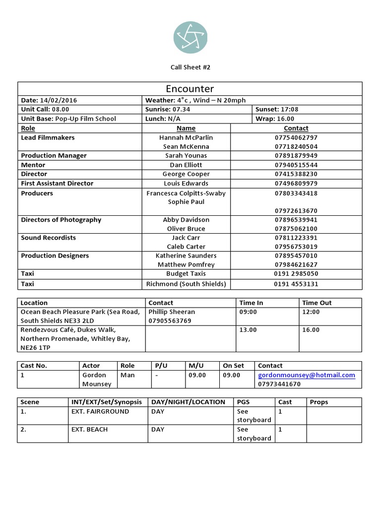 Film Crew Call Sheet | PDF
