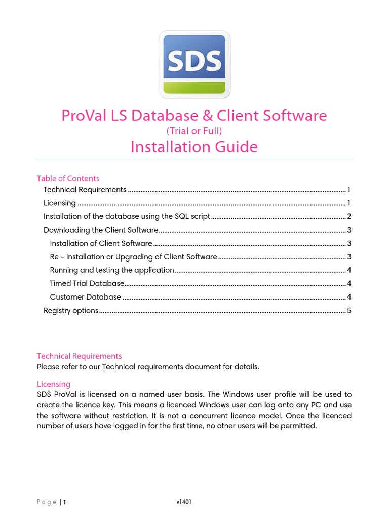 SDS ProVal Installation Guide Client & Database Q4 2015 PDF | PDF | Microsoft Sql Server | Databases