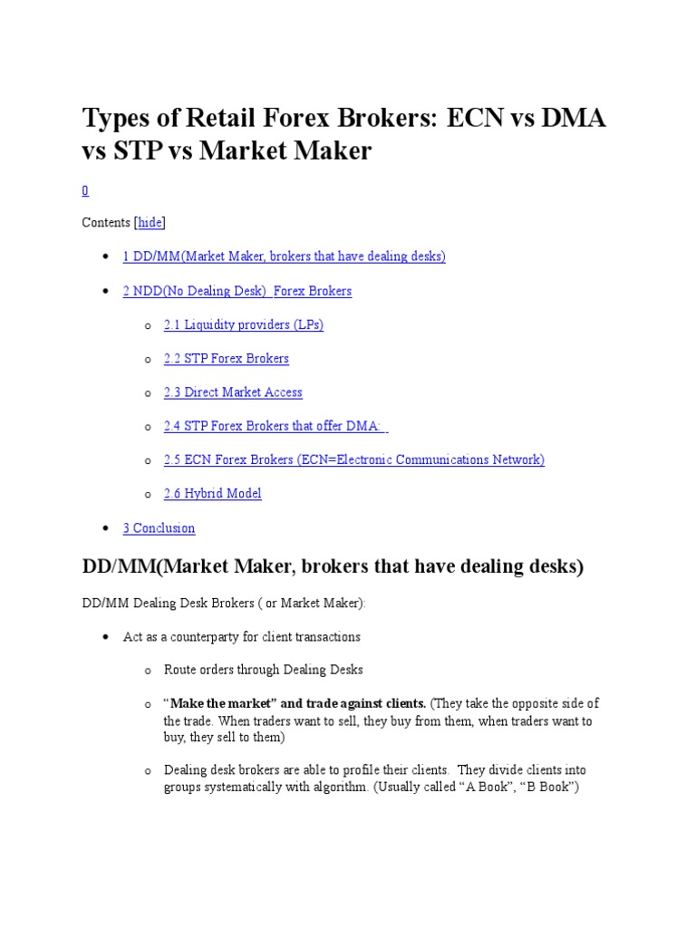 Types of Retail Forex Brokers ECN Vs DMA Vs STP Vs Market Maker | PDF ...