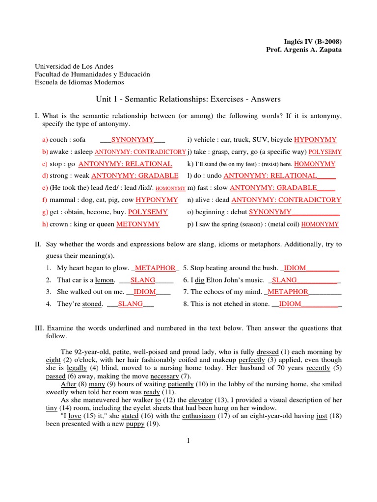 Unit 1 Semantic Relationships Exercises Answers | PDF | Semantics ...
