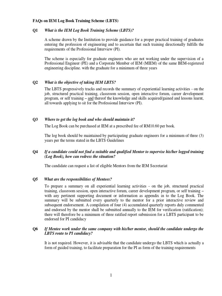 Faqs On Iem Log Book Training Scheme (LBTS) Q1 | PDF | Mentorship ...