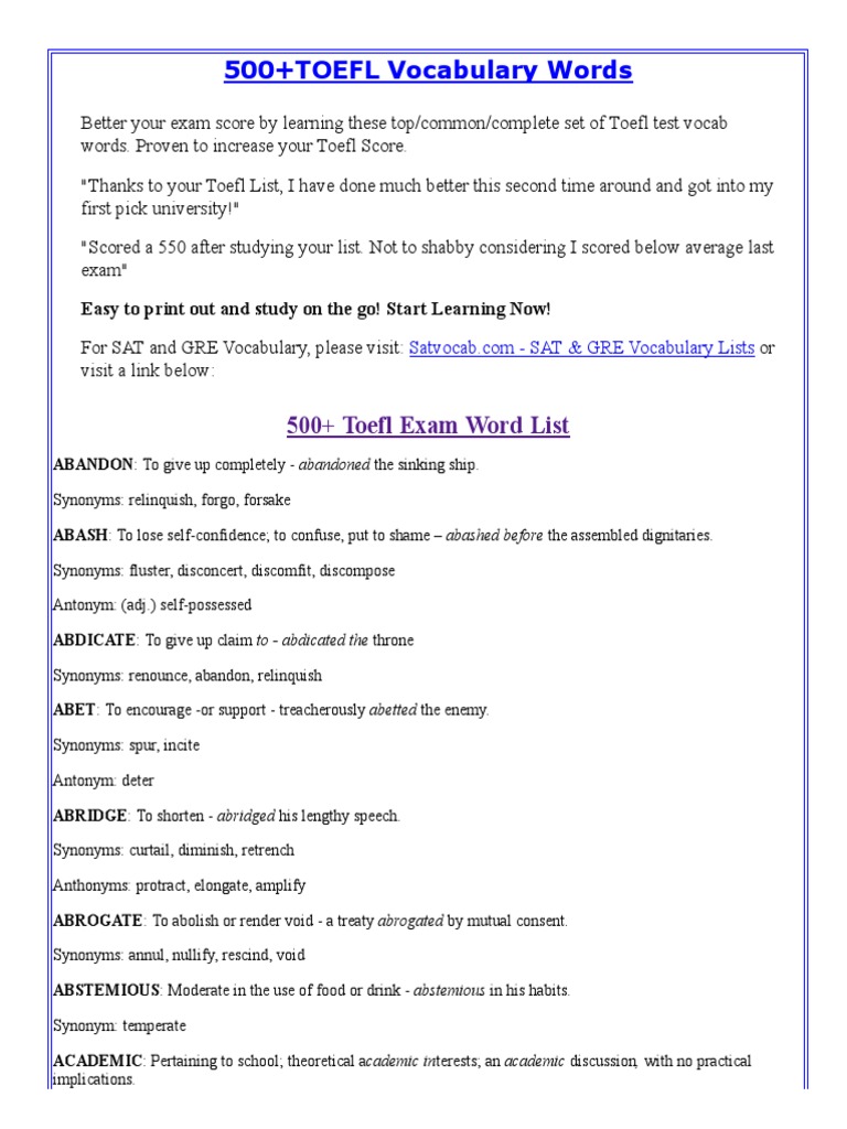 500+ TOEFL Vocabulary Words Guide | PDF