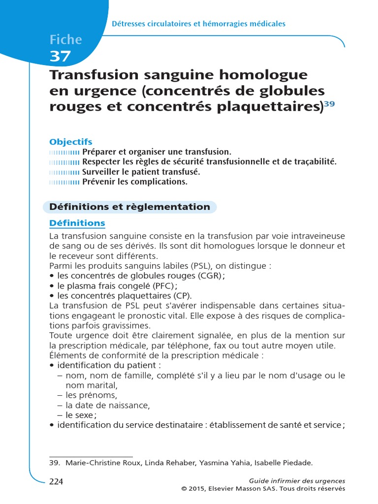 Transfusion Sanguine Homologue en Urgence (Concentrés de Globules ...