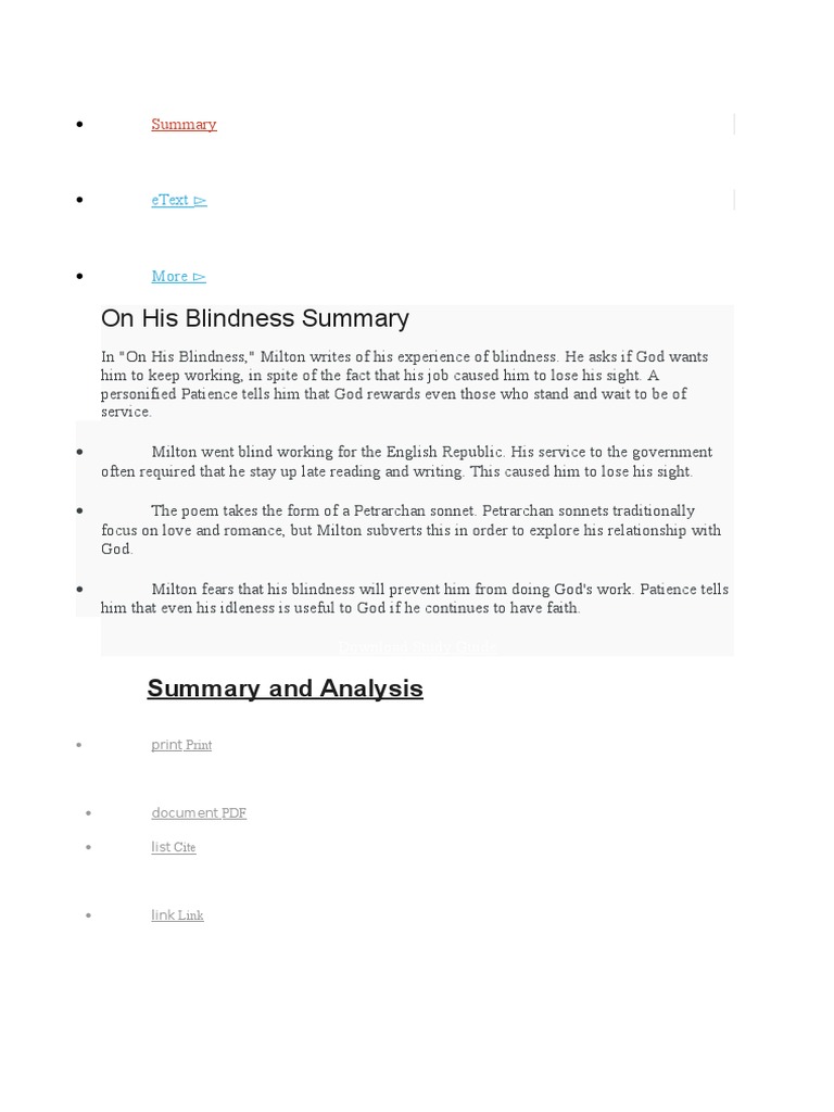 On His Blindness Summary | PDF | Sonnets | Poetry