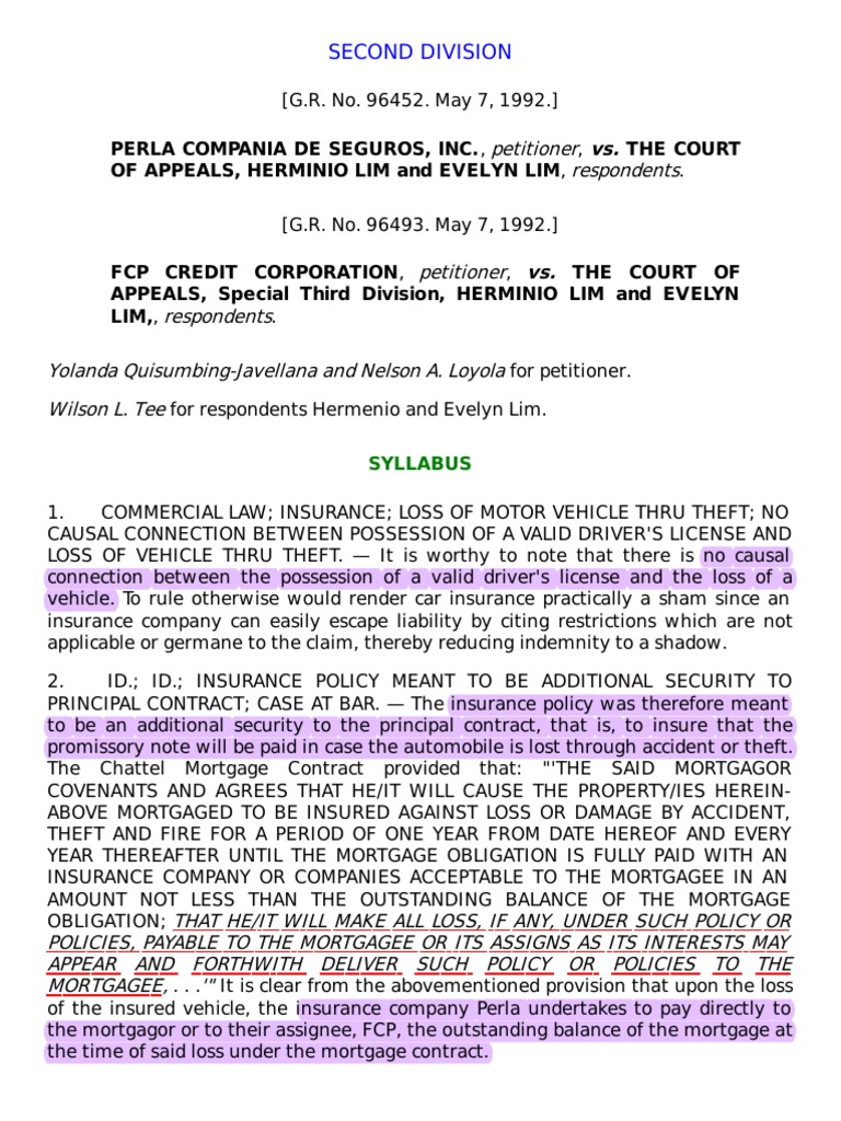 09 Perla Compania Vs CA and Lim | PDF | Mortgage Law | Insurance