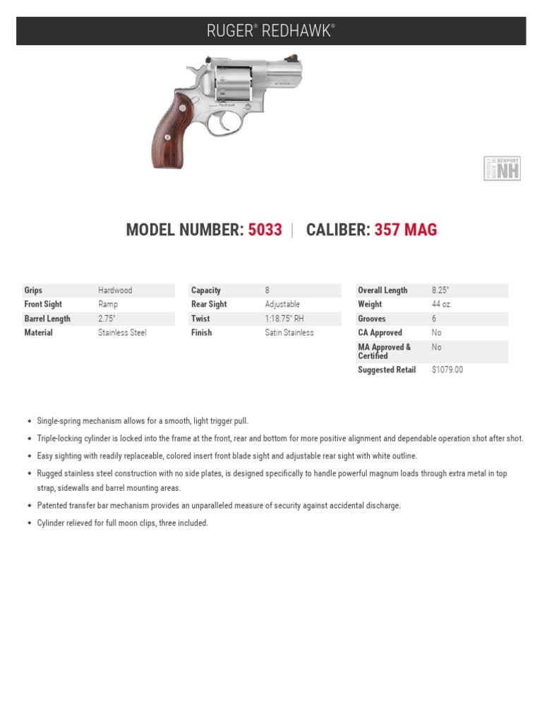 Ruger Redhawk Model 5033 Revolver Specs | PDF