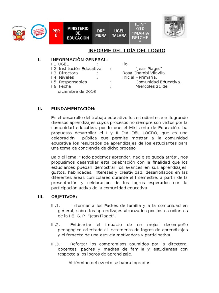 Informe Dia Del Logro | Aprendizaje | Sicología y ciencia cognitiva