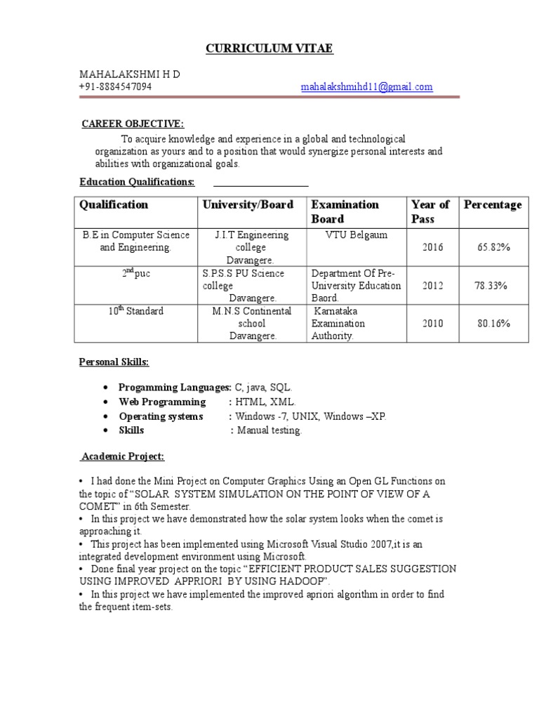 Curriculum Vitae: Career Objective | PDF