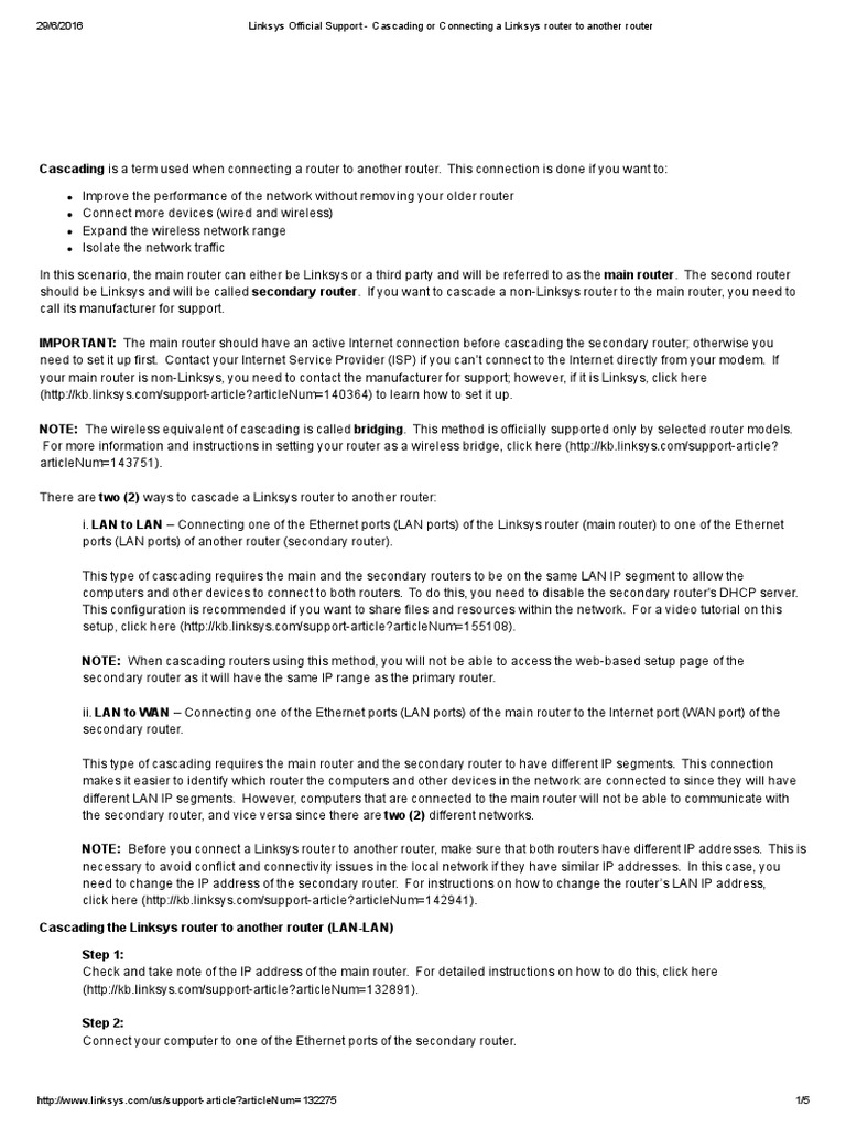 Linksys Official Support Cascading Or Connecting A Linksys Router To Another Router Pdf