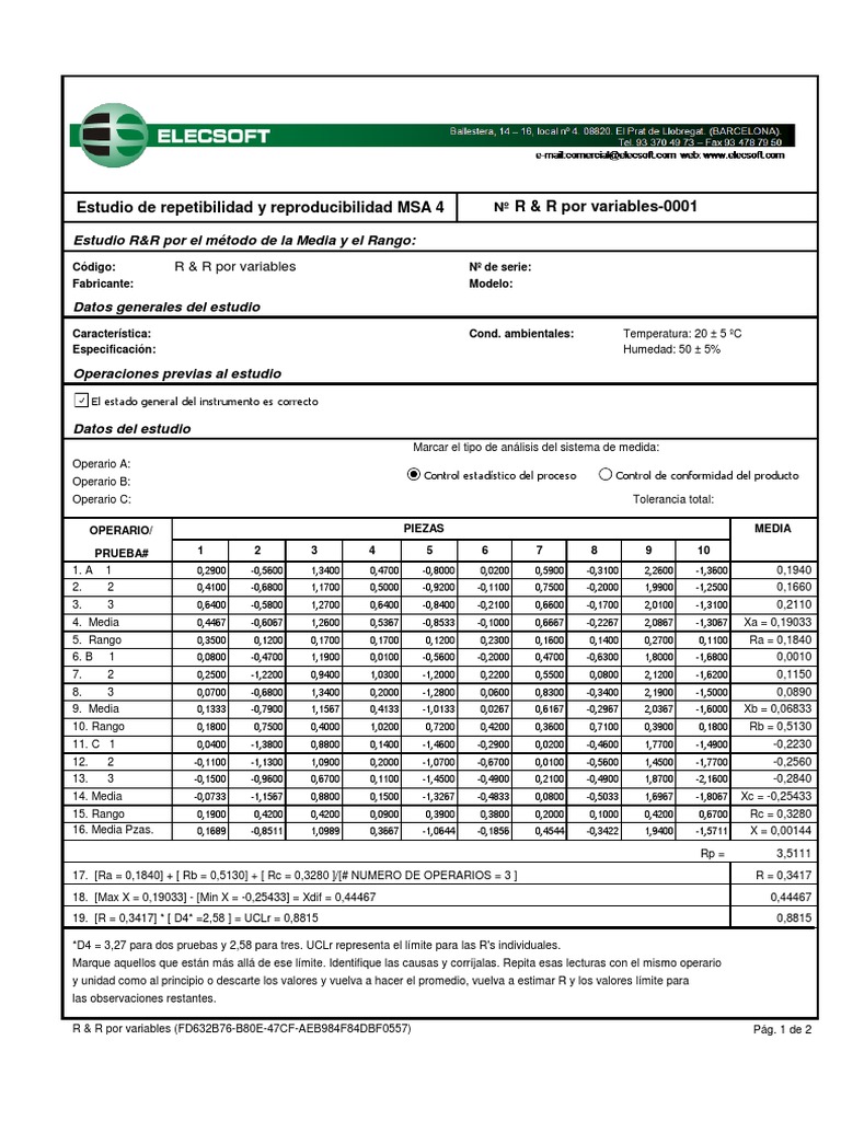 Estudio de Repetibilidad y Reproducibilidad MSA 4 Formato PDF | PDF ...