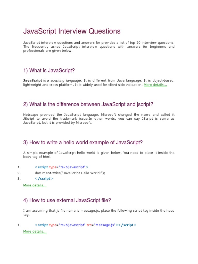 Javascript Interview Questions Pdf Document Object Model Java Script