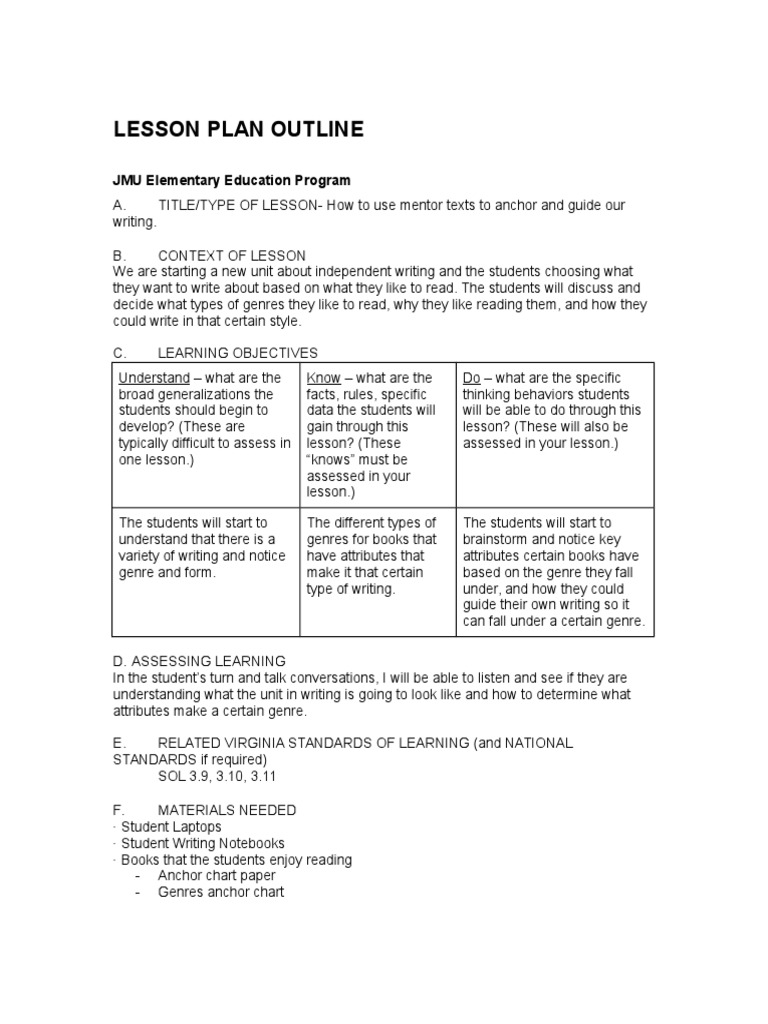 Lesson Plan Outline: JMU Elementary Education Program | PDF | Lesson ...