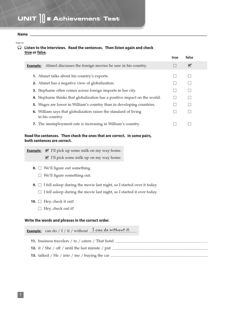 Unit Achievement Test: True False Example | PDF