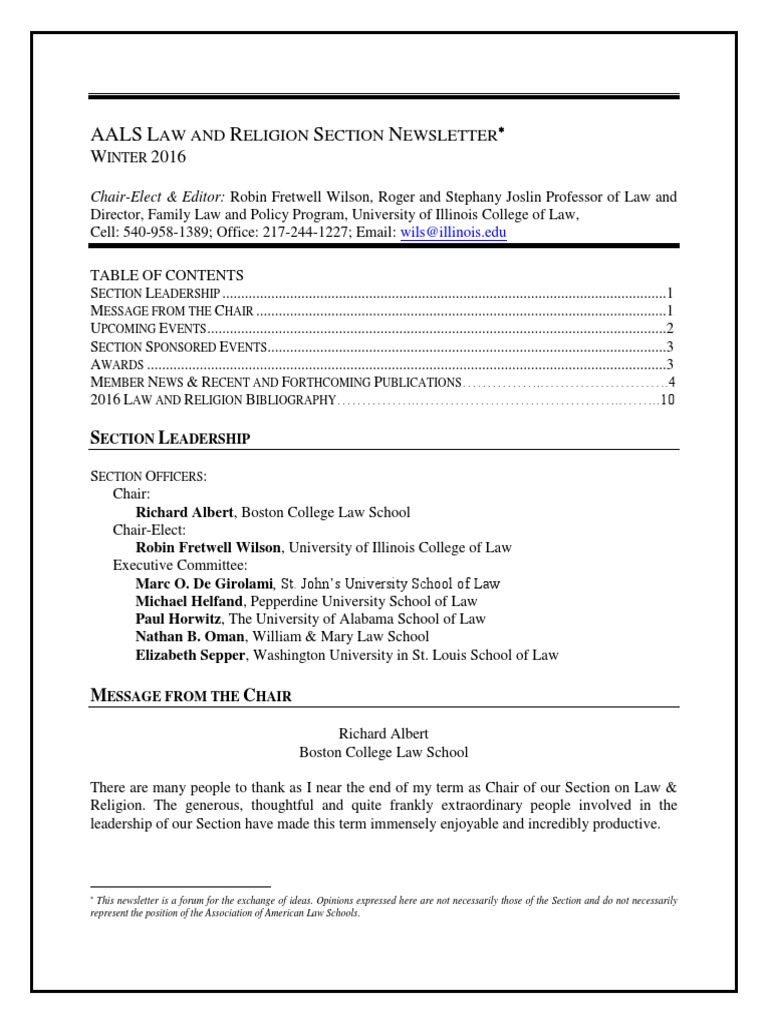 AALS Law & Religion Newsletter Winter 2016 | PDF | Freedom Of Religion | Free Exercise Clause